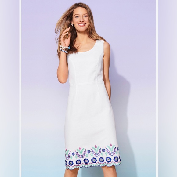 Talbots | Dresses | Talbots White Linen Embroidered Scalloped Hem Lined ...